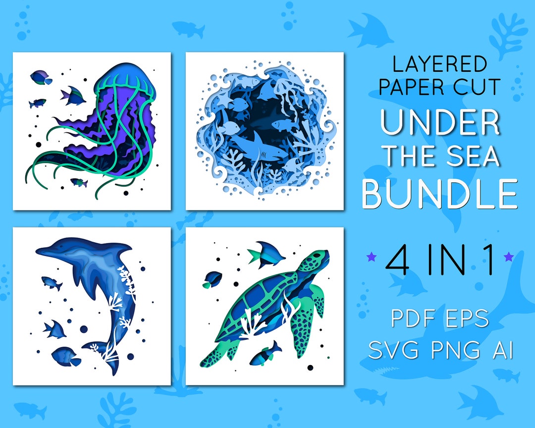 3D Under the Sea Layered Paper Cut Bundle 4 in 1: Sea Turtle, Sharks ...