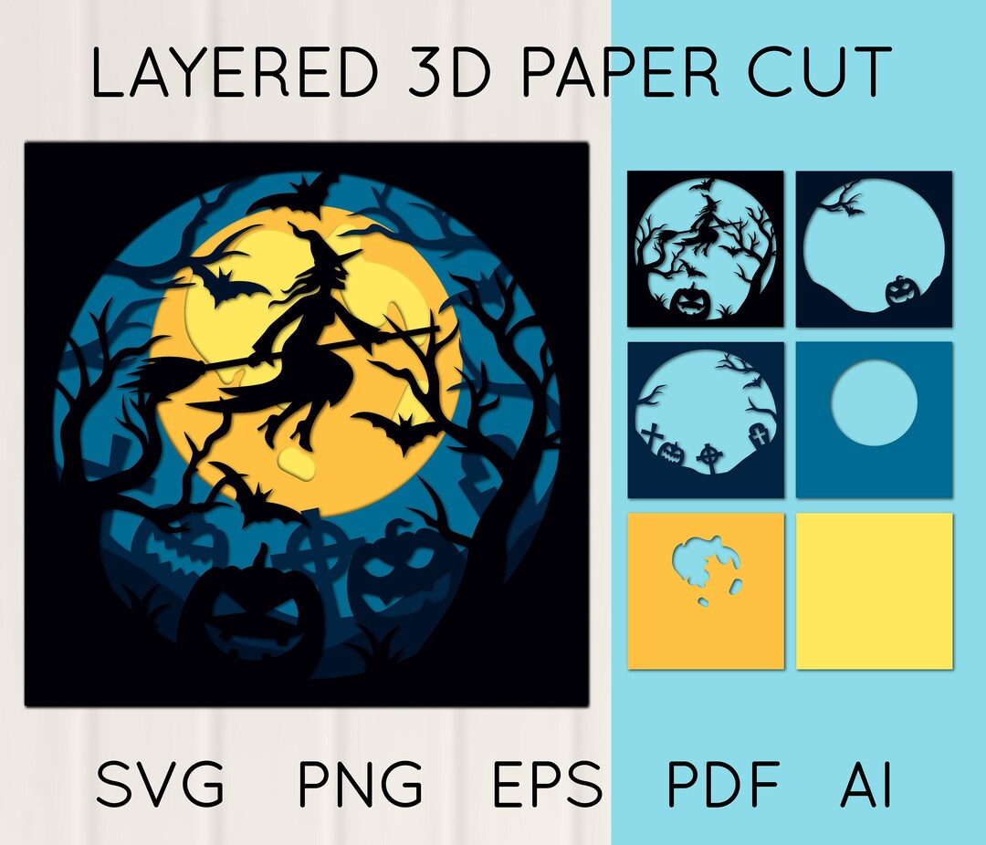 3D Halloween With Flying Witches Layered Paper Cut. Cut File Template ...