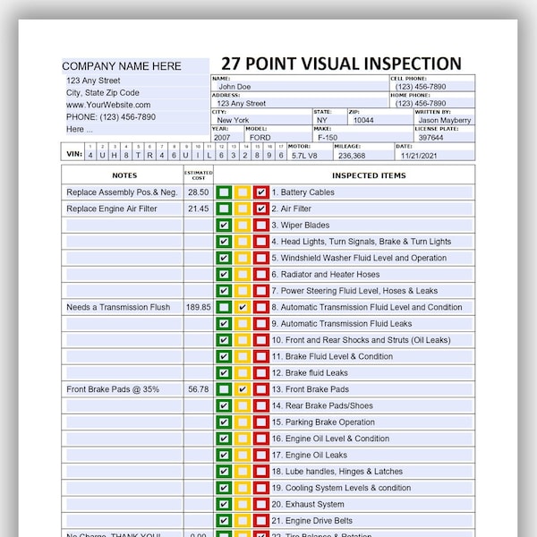 Vehicle Inspection Form - Etsy