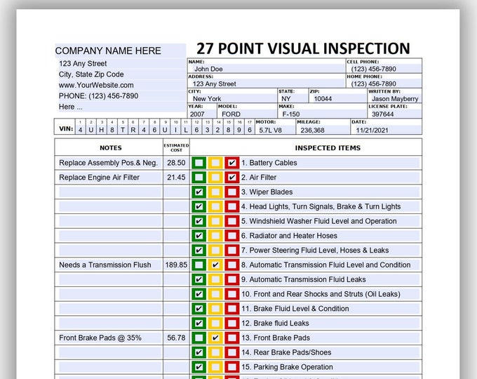 PDF Printable Vehicle Inspection Report, Used Vehicle Inspection Sheet ...