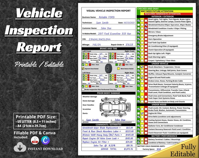 Vehicle Inspection Form PDF • Multi-point Inspection Checklist • Car ...