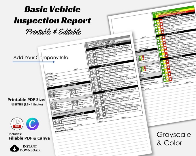 Vehicle Inspection Form PDF • Multi-point Inspection Checklist • Car ...