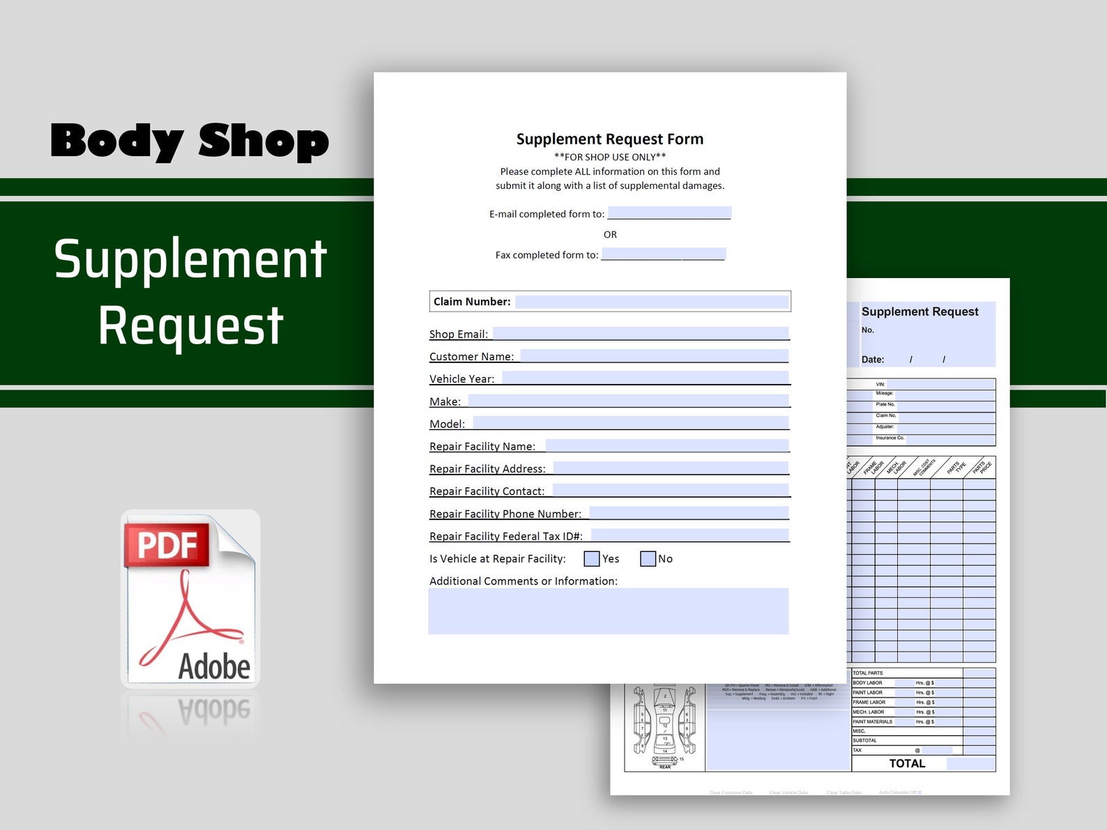 Auto Body Supplement Request Form 2 Page Body Shop Insurance - Etsy