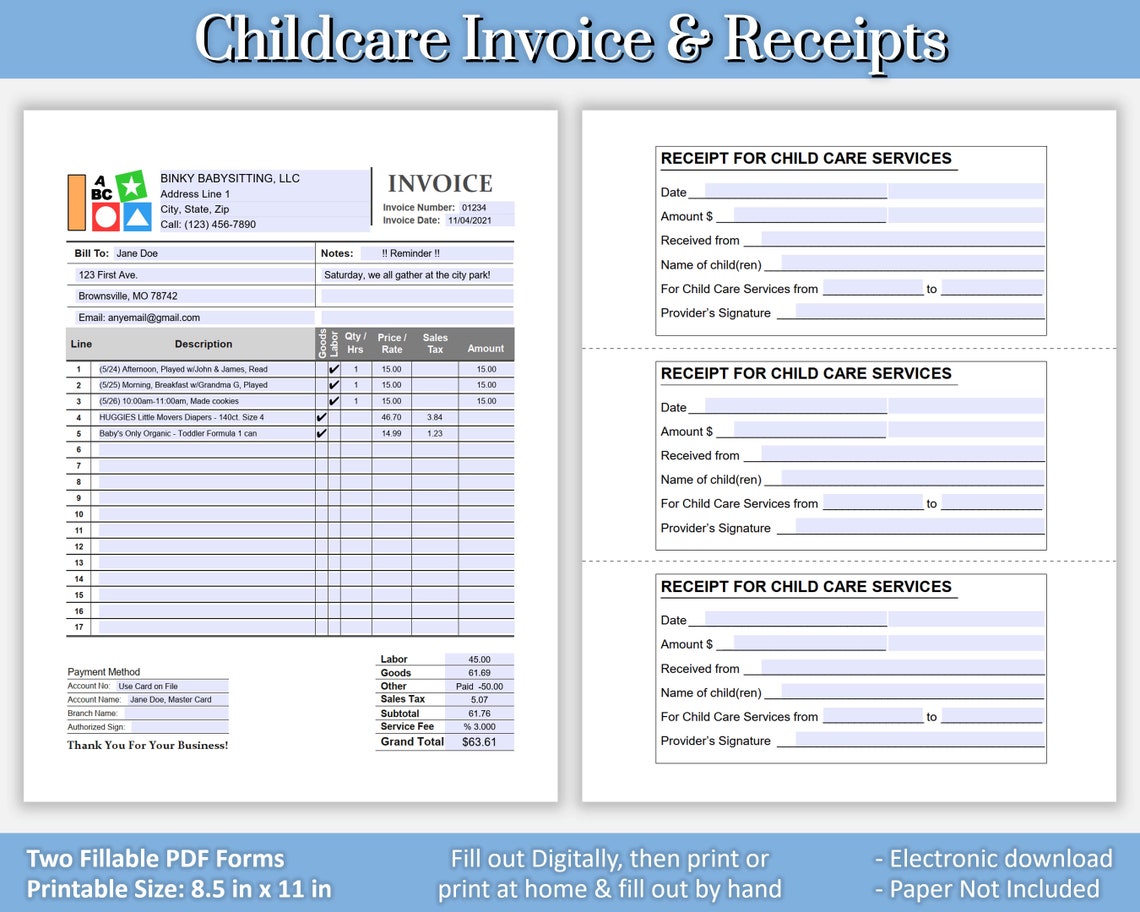 Childcare Invoice & Receipts Babysitting nanny Service - Etsy