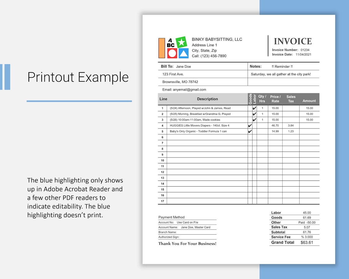 Childcare Invoice & Receipts Babysitting nanny Service - Etsy