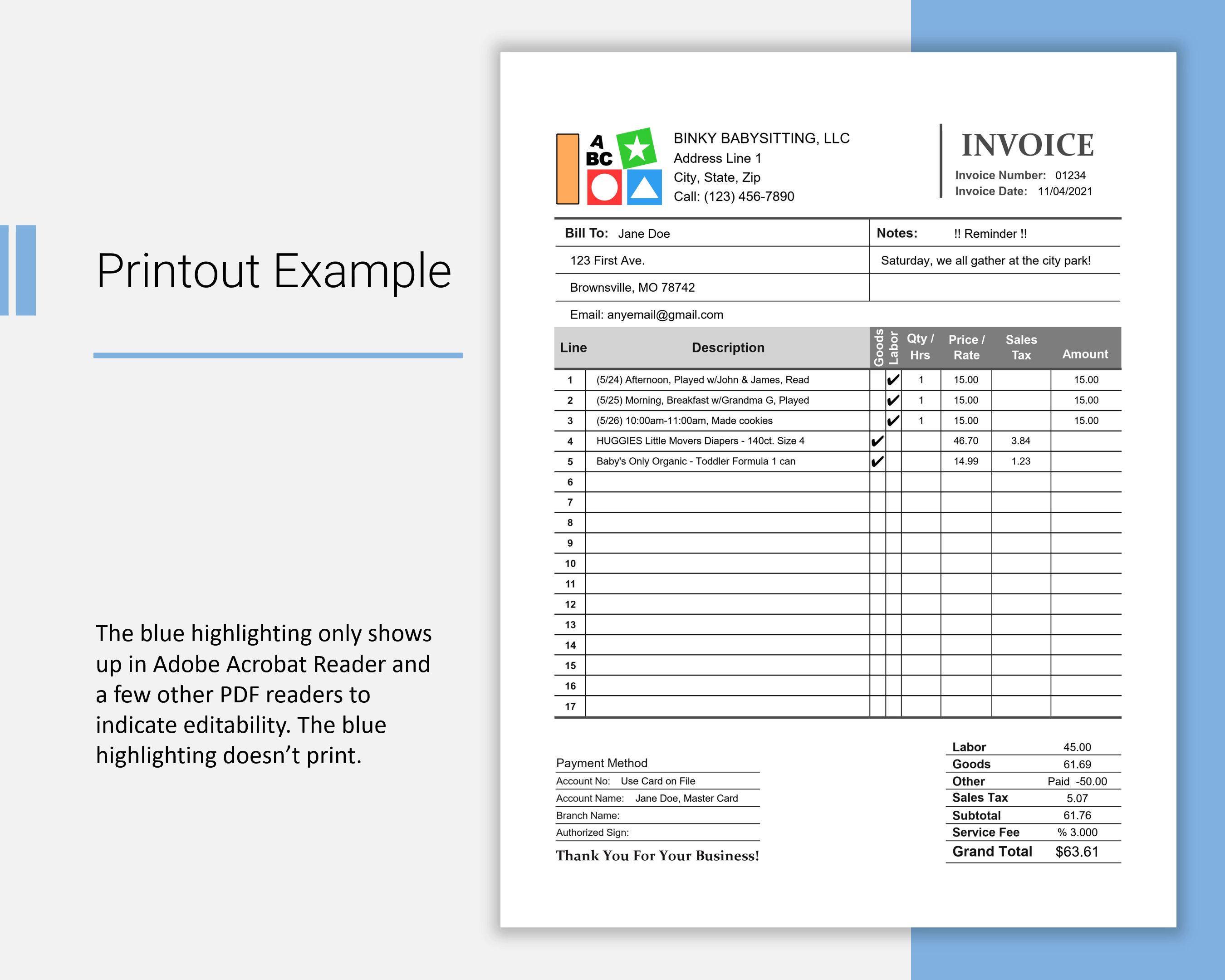 Childcare Invoice & Receipts, Babysitting (nanny) Service Invoice ...