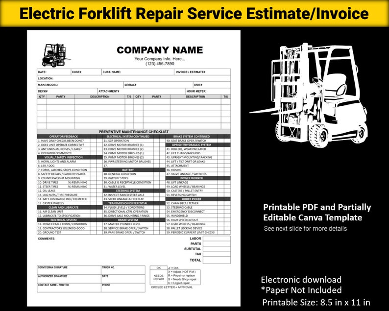Forklift Repair Order, Estimate or Invoice, Industrial Equipment ...
