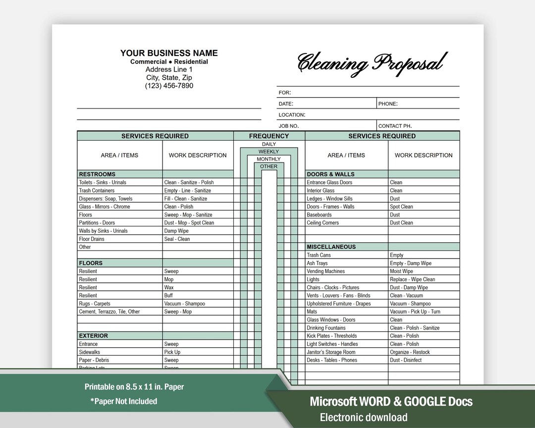 Classy Cleaning Proposal Template WORD, Green, Commercial Cleaning ...