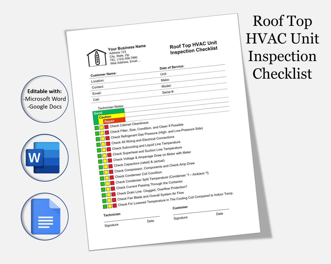 Commercial HVAC Roof Top Unit Inspection Performance Checklist Template ...