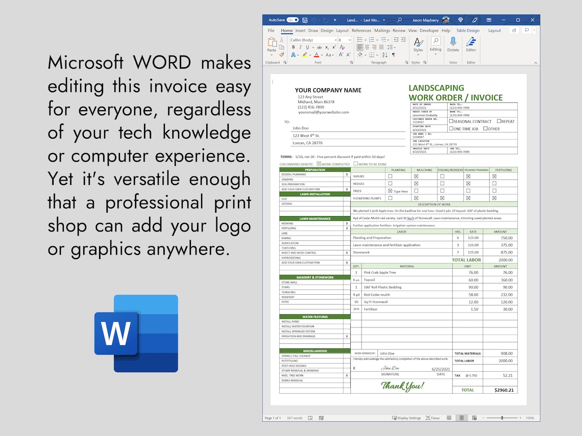 Landscaping Invoice or Work Order, Printable, Editable Invoice or ...
