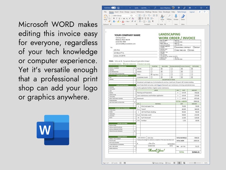 Landscaping Invoice or Work Order, Printable, Editable Invoice or ...