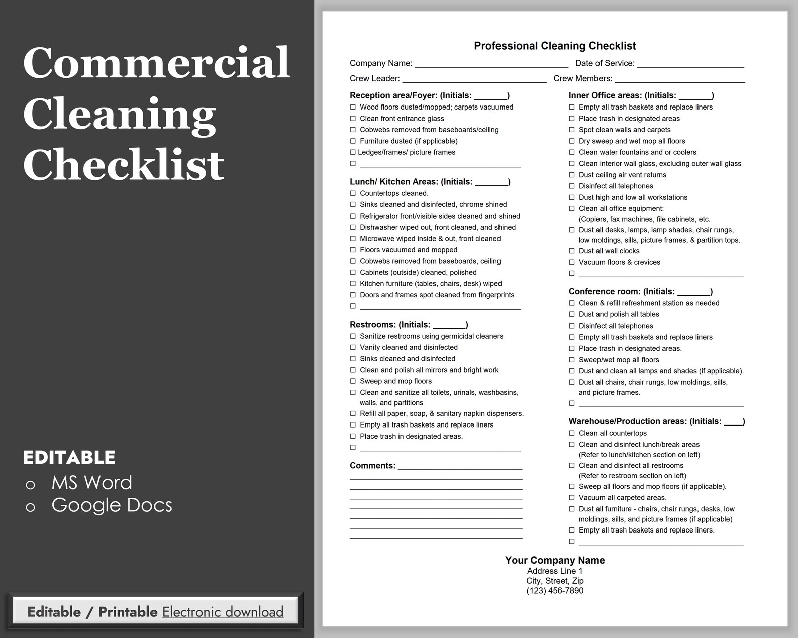 Commercial Cleaning Checklist for Reception Area, Lunch/kitchen Areas ...