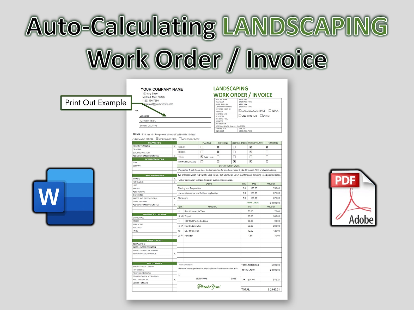 Landscaping Invoice or Work Order, Printable, Editable Invoice or ...