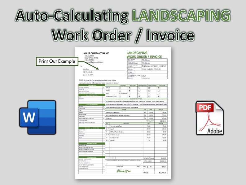 Landscaping Invoice or Work Order, Printable, Editable Invoice or ...