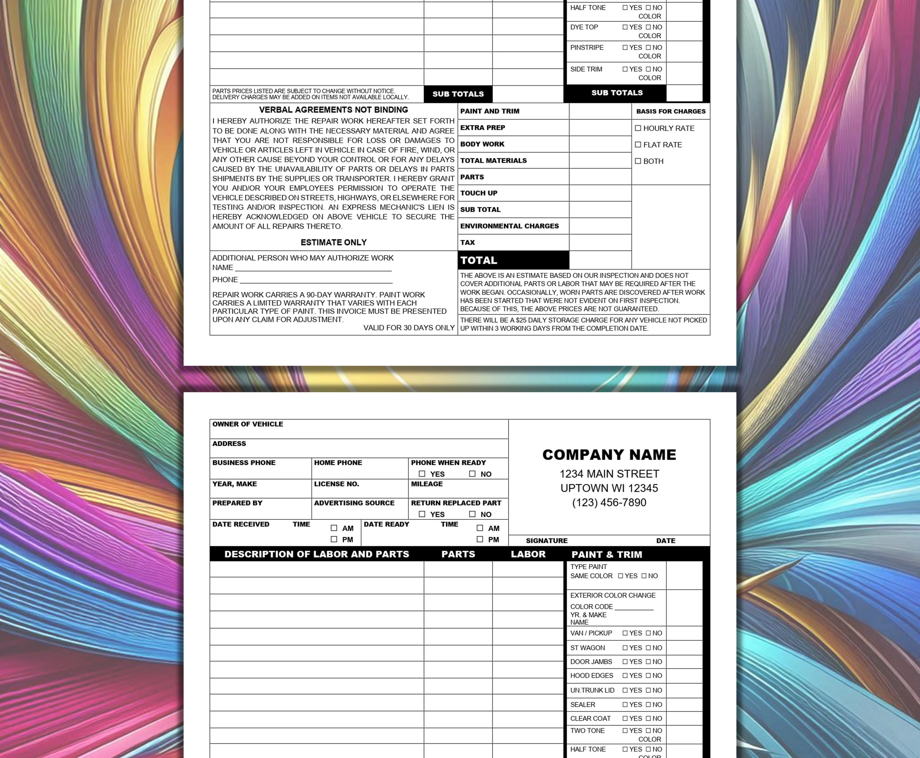 Paint and Auto Body Shop Estimate Template, for Custom or Restoration ...