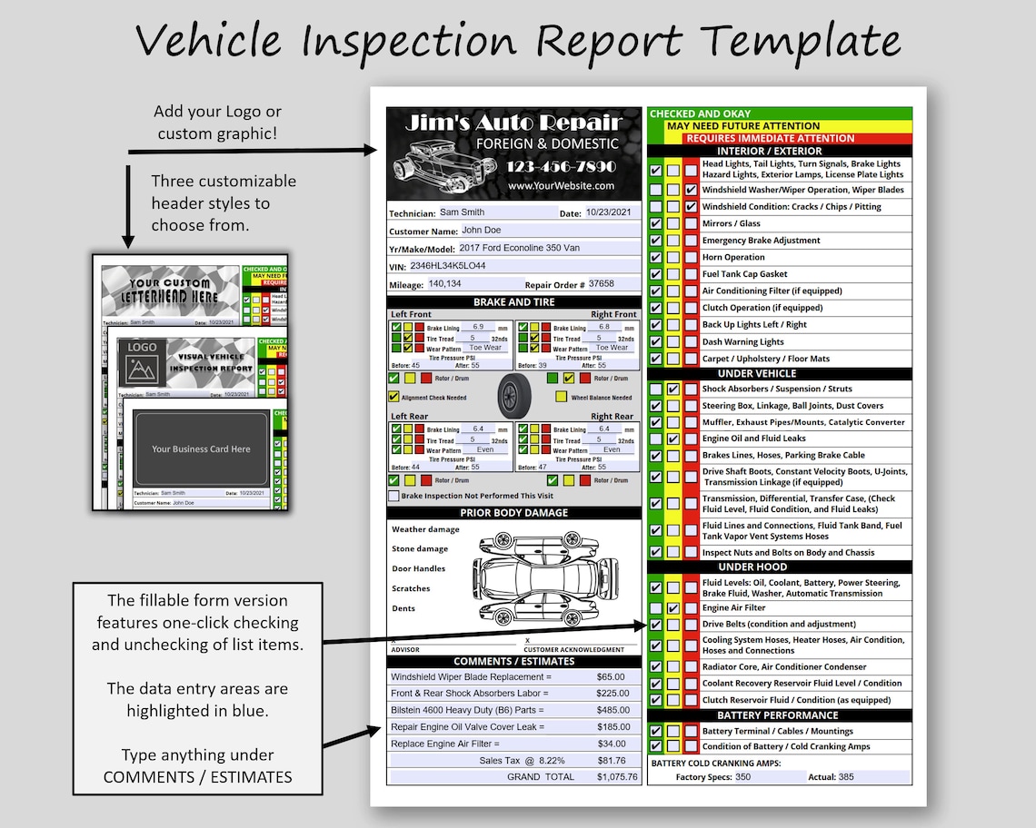 PDF Printable Vehicle Inspection Report, EDITABLE Used Vehicle ...