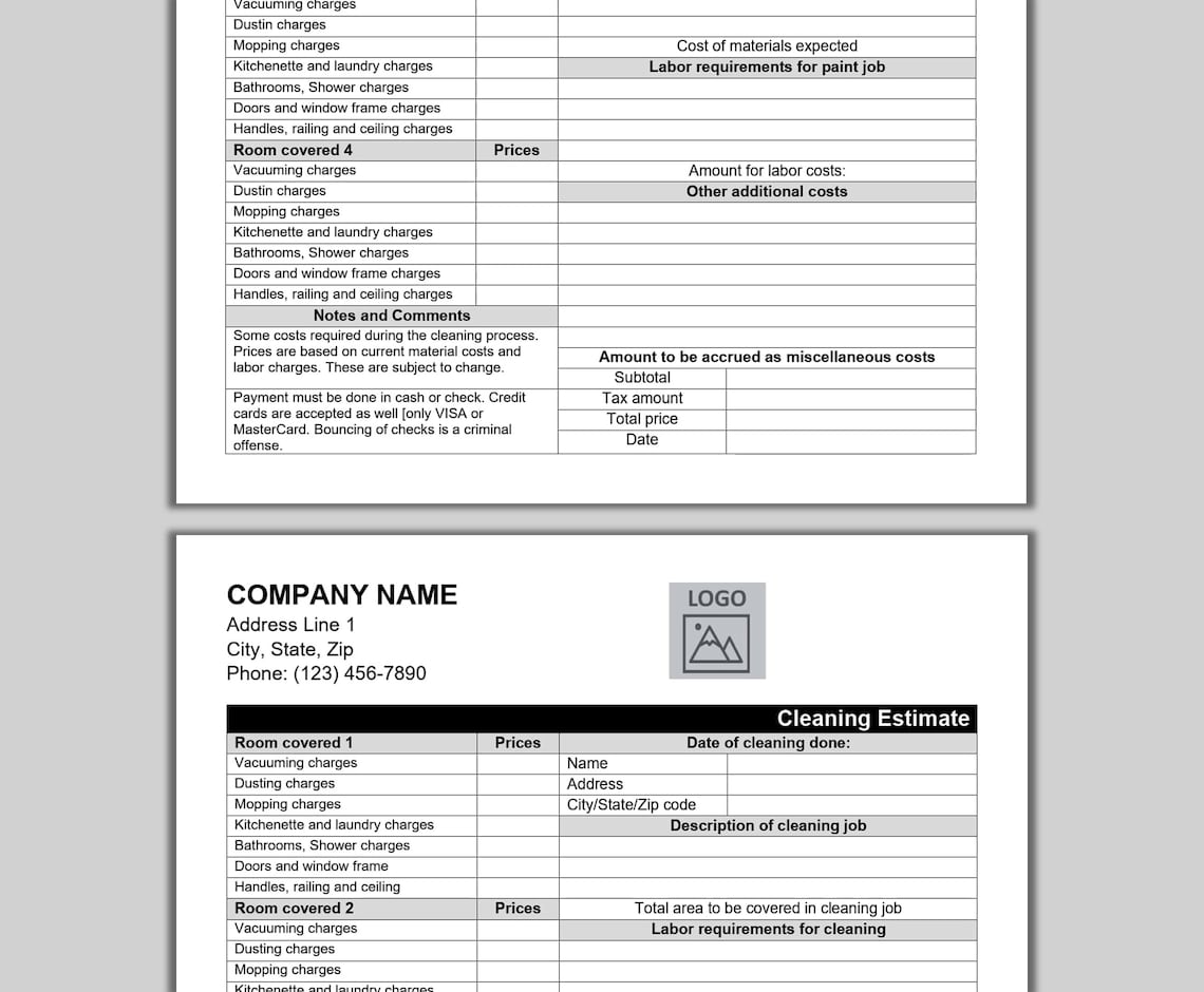 Cleaning Estimate Template, WORD & Google Docs Editable Cleaning ...