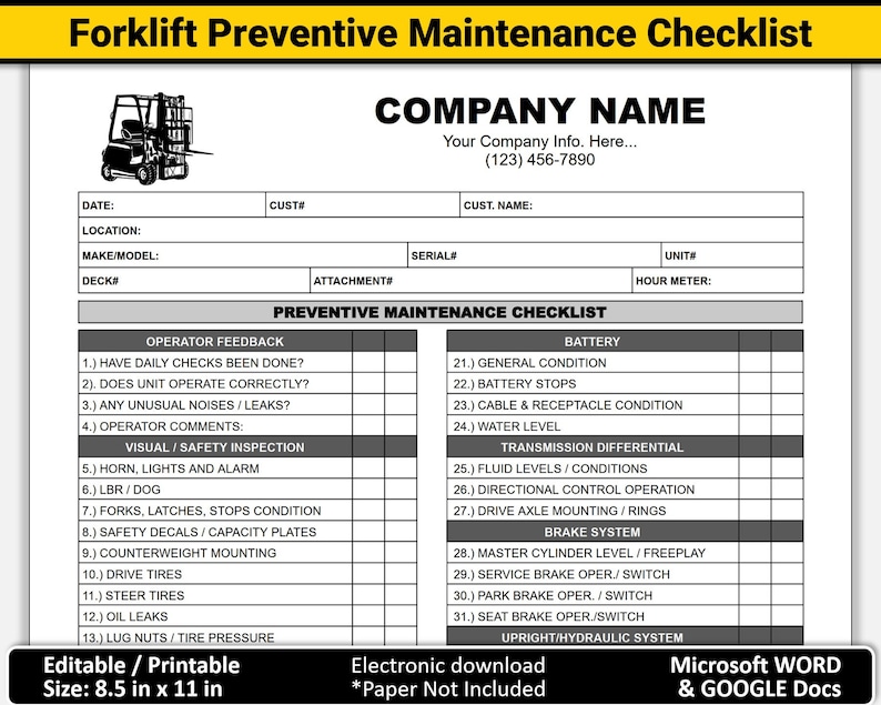 Electric Forklift Preventive Maintenance Checklist, Printable Forklift ...