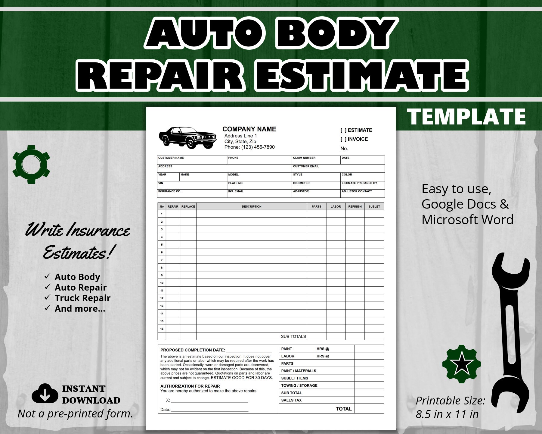 Auto Repair Estimate Form Printable Auto Repair Estimate Template Job