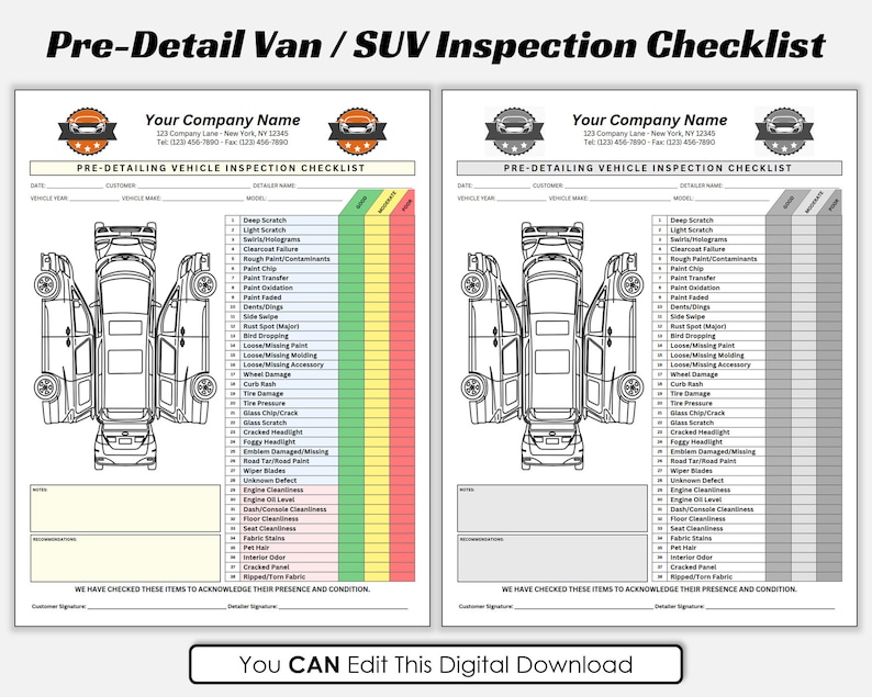 Van/suv Pre-detailing Vehicle Inspection Checklist for Auto Detailers ...