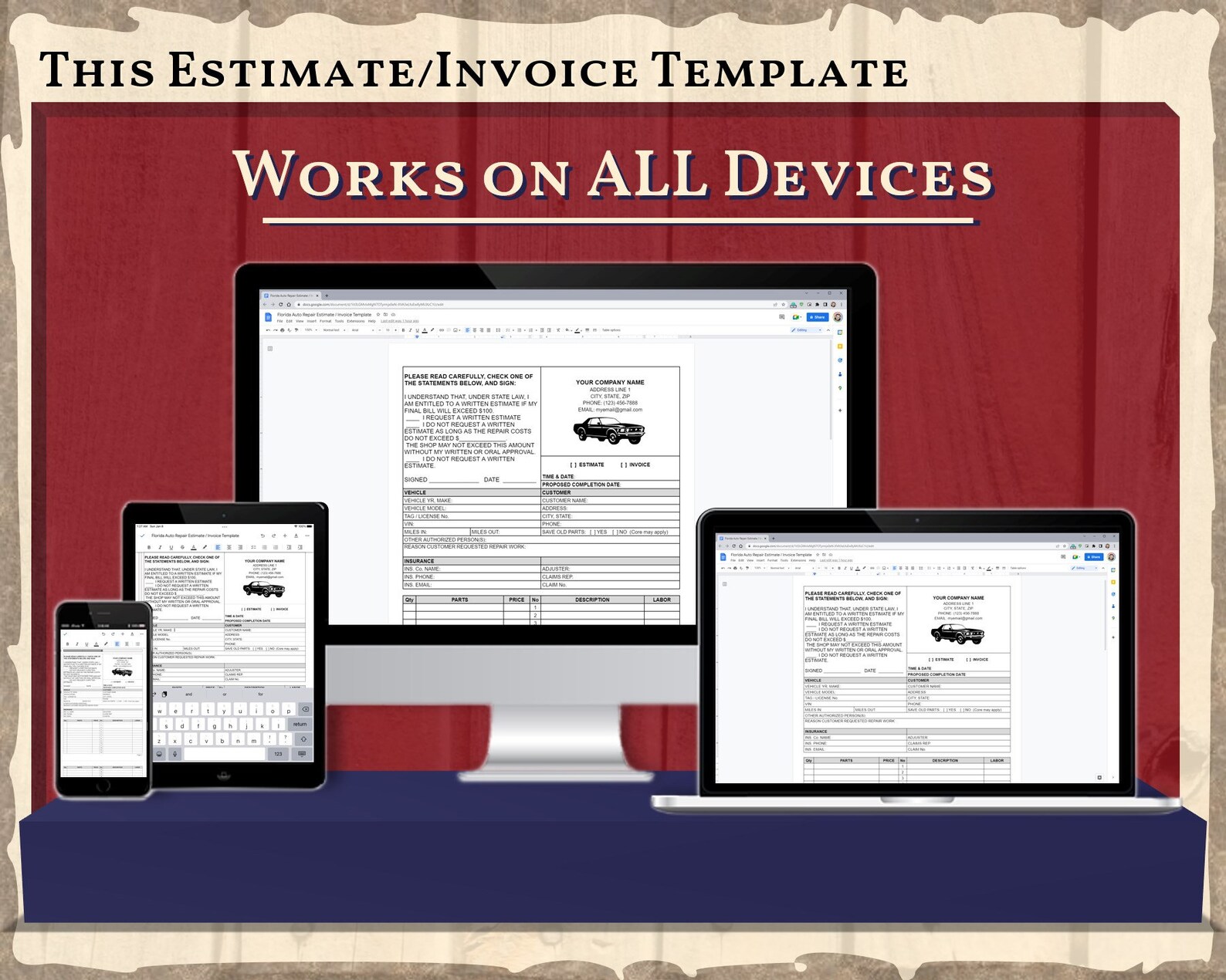 Florida Auto Repair Invoice Template WORD Auto Repair - Etsy
