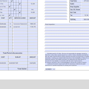 Auto Repair Order or Bill, Ticket, Invoice, Estimate and Auto Repair ...