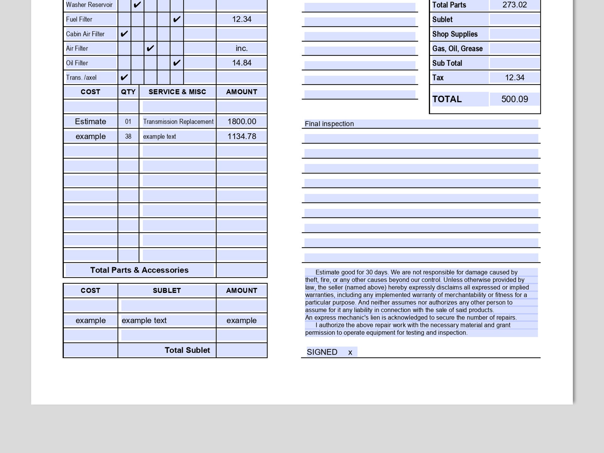 Auto Repair Order or Bill Ticket Invoice Estimate and Auto - Etsy