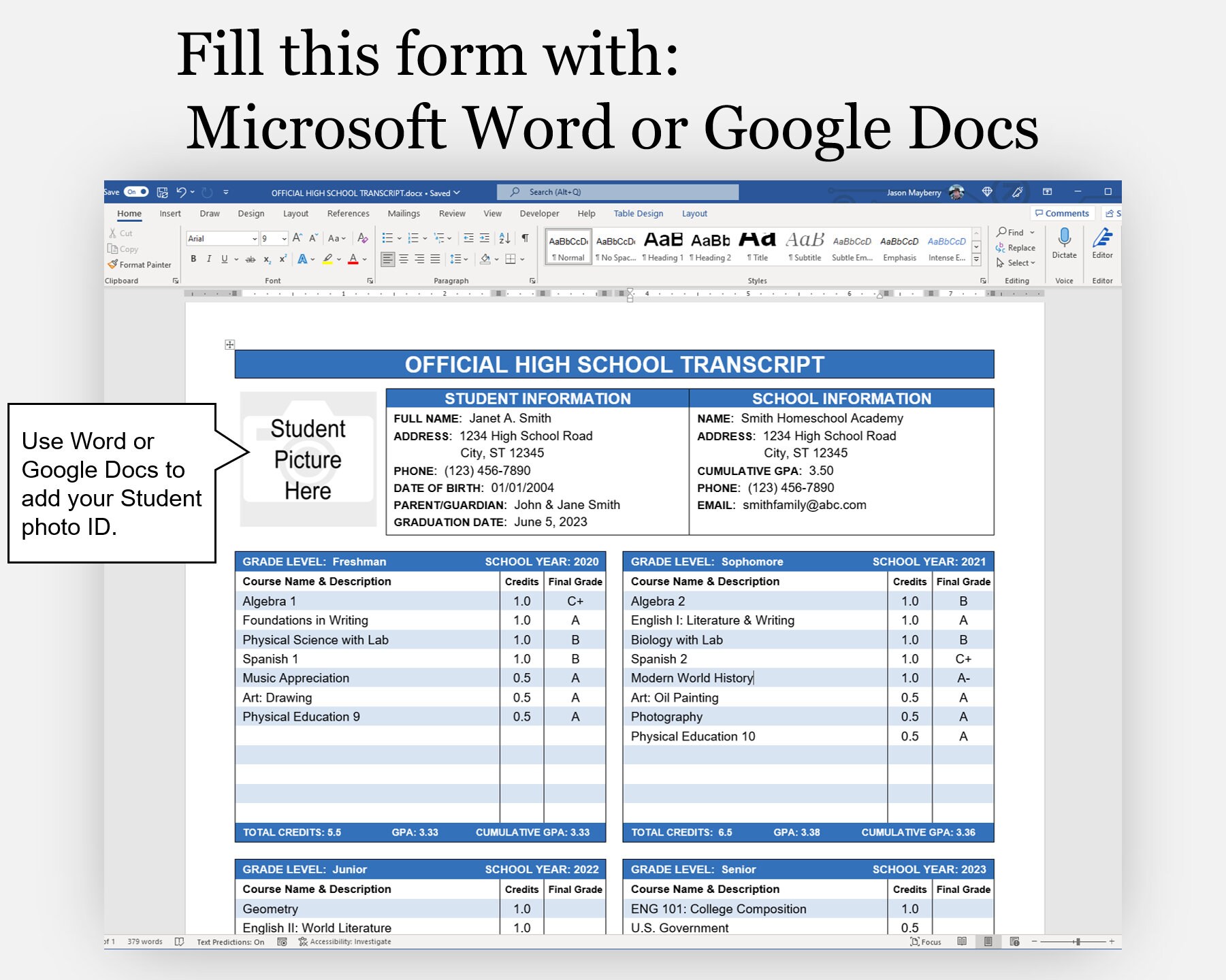 Fillable Printable High School Transcript Template Homeschool - Etsy Canada