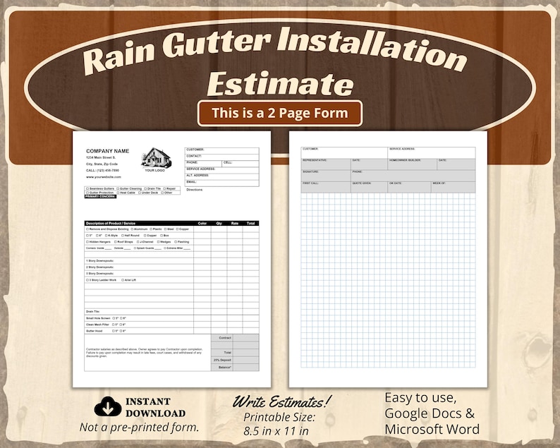 Rain Gutter Installation Estimate, Invoice & Work Order Template ...