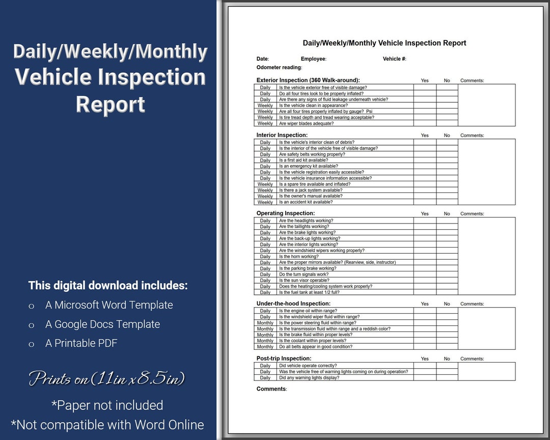 Vehicle Inspection Report, Daily, Weekly, Monthly, PDF Printable ...