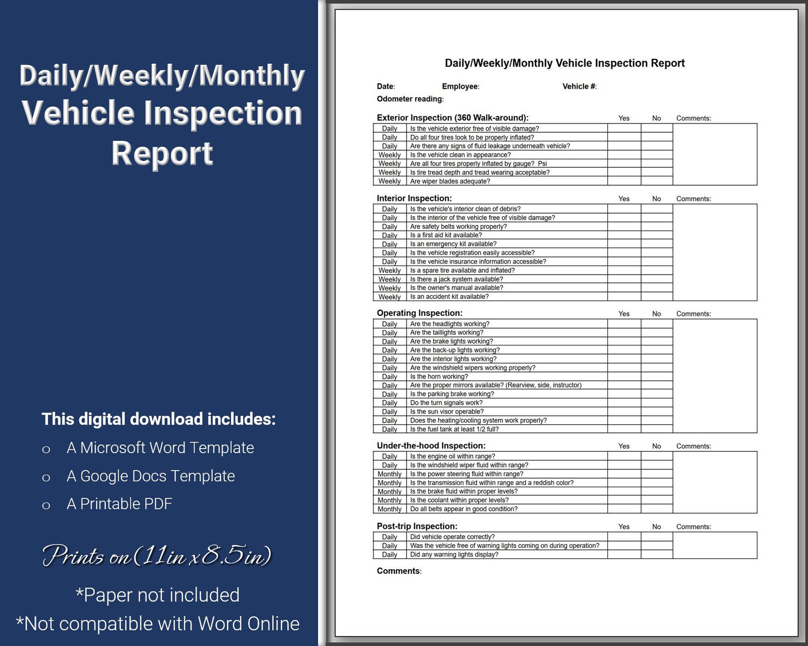 Vehicle Inspection Report, Daily, Weekly, Monthly, PDF Printable ...
