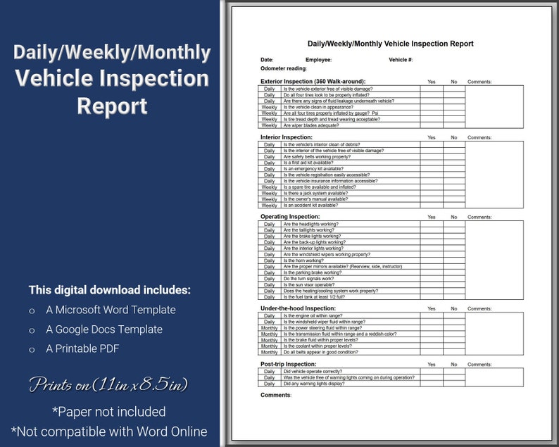 Vehicle Inspection Report, Daily, Weekly, Monthly, PDF Printable ...