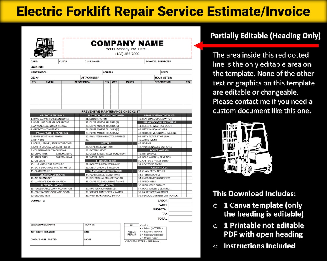 Forklift Repair Order, Estimate or Invoice, Industrial Equipment ...