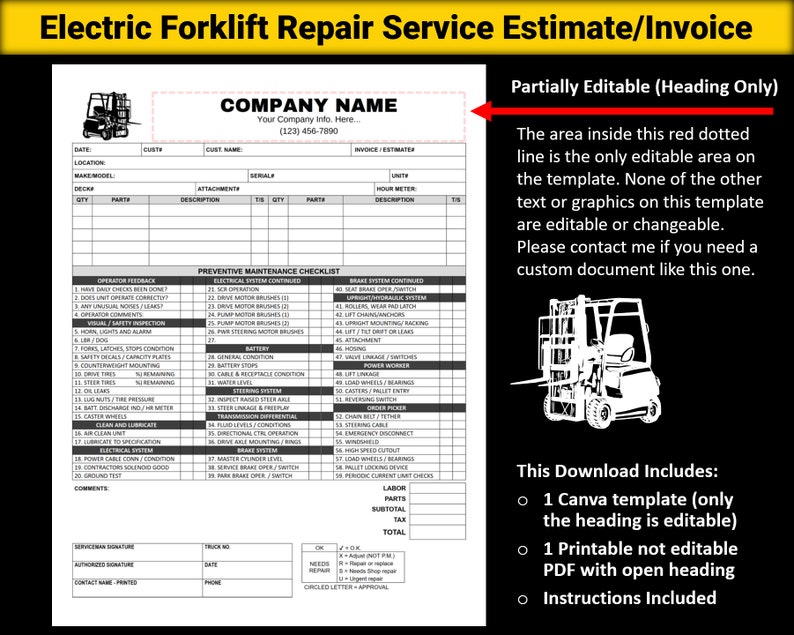 Forklift Repair Order, Estimate or Invoice, Industrial Equipment ...