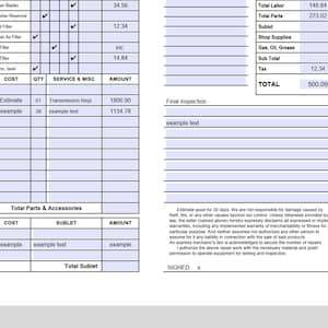 Auto Repair Order or Bill, Ticket, Invoice, Estimate and Auto Repair ...