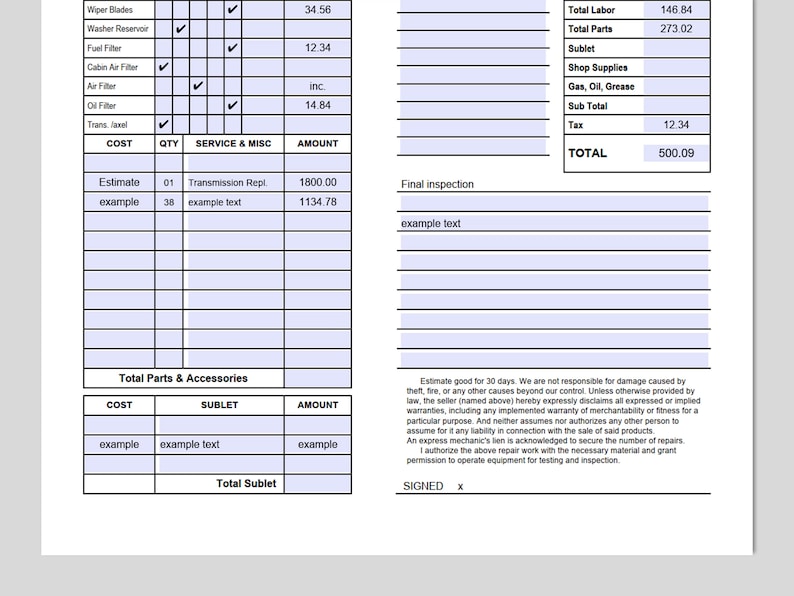 Auto Repair Order or Bill, Ticket, Invoice, Estimate and Auto Repair ...