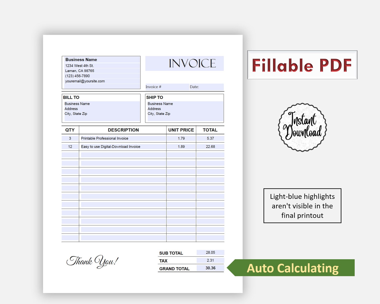 Easy-on-ink Auto-calculating Invoice, Fillable Printable Invoice ...
