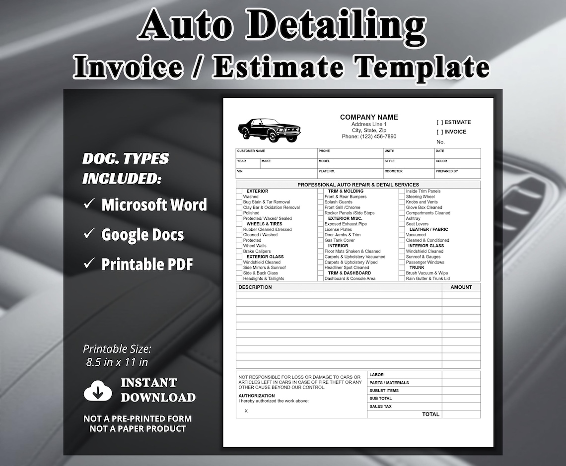 Auto Detailing Invoice Template or Estimate for Auto Services - Auto ...