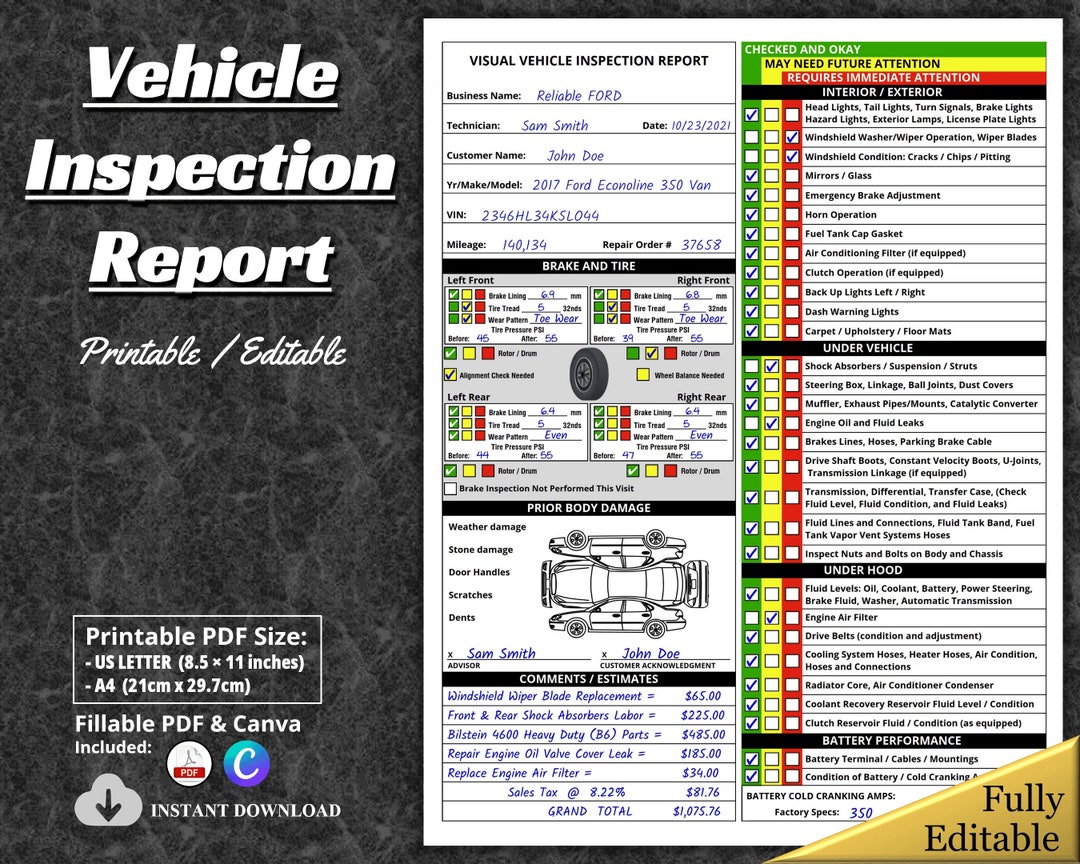 PDF Printable Vehicle Inspection Report, EDITABLE Used Vehicle ...