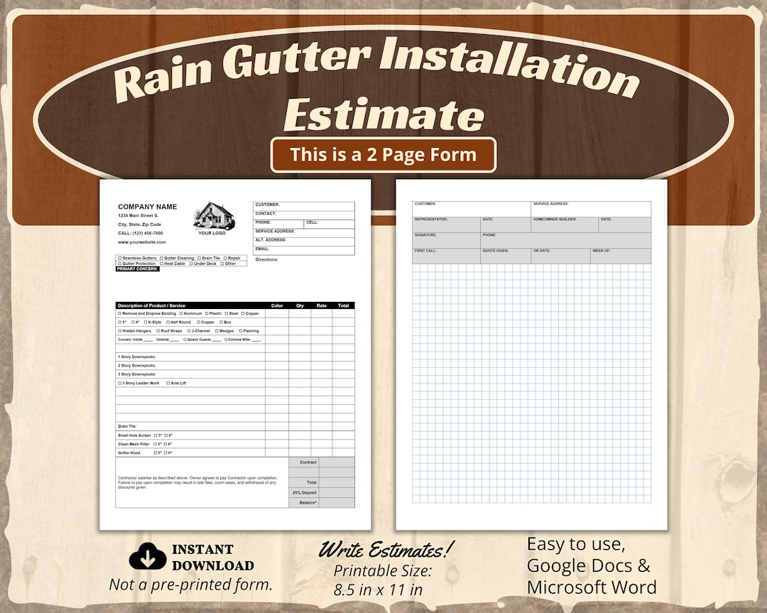 Rain Gutter Installation Estimate, Invoice & Work Order Template ...