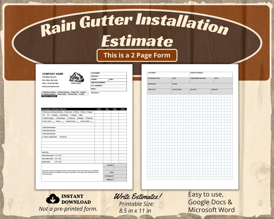 Rain Gutter Installation Estimate, Invoice & Work Order Template ...