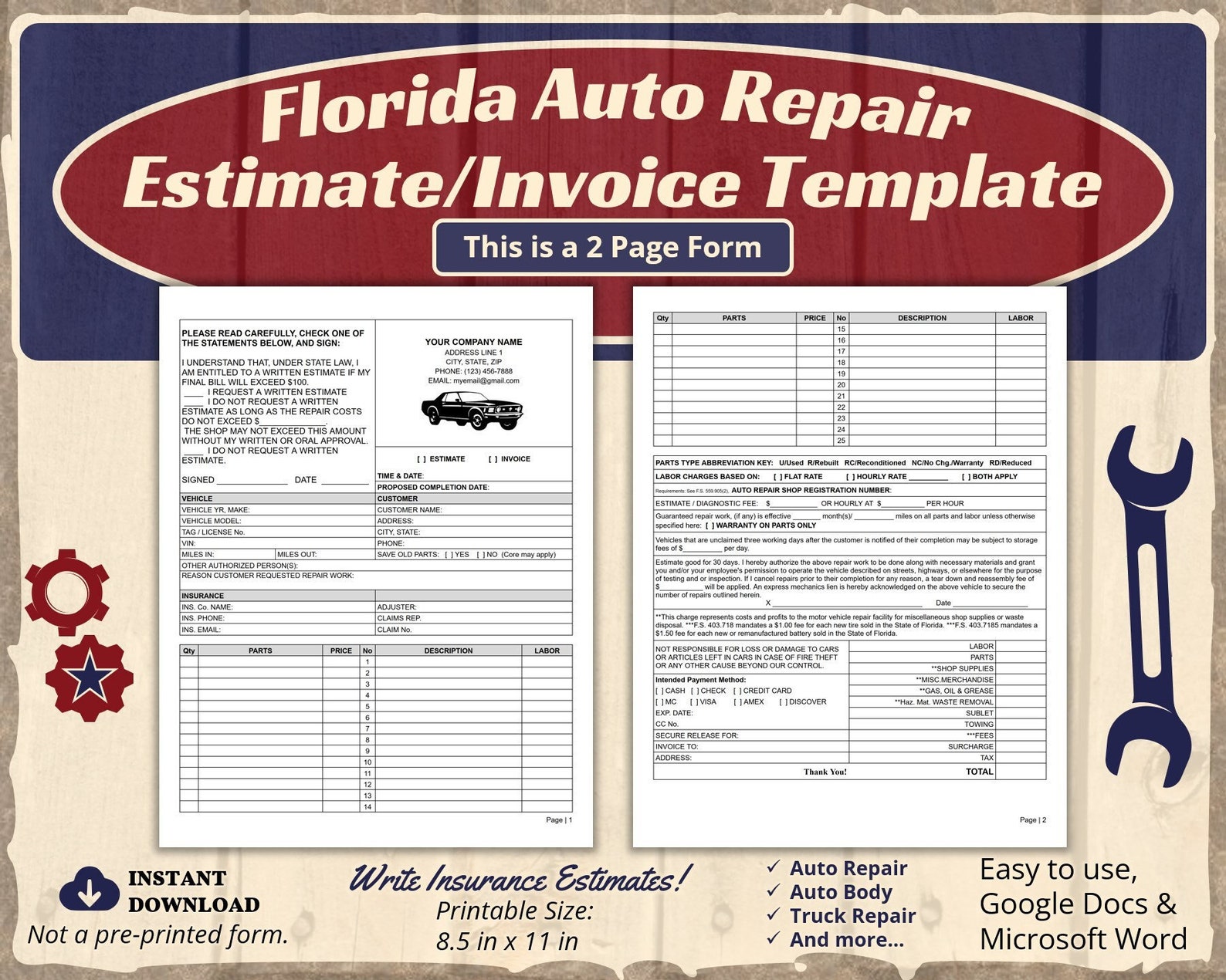 Florida Auto Repair Invoice Template WORD, Auto Repair Estimate ...