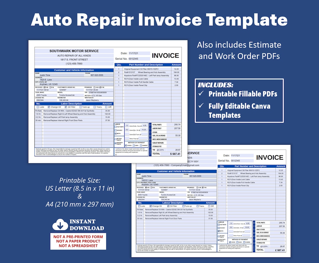 Auto Repair Invoice Template, Auto Repair Estimate Template, Auto ...