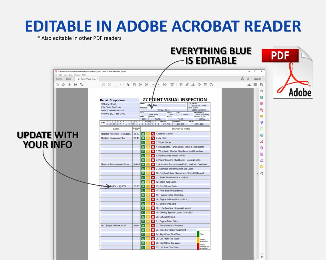 27 Point Visual Vehicle Inspection Form Fillable PDF - Etsy