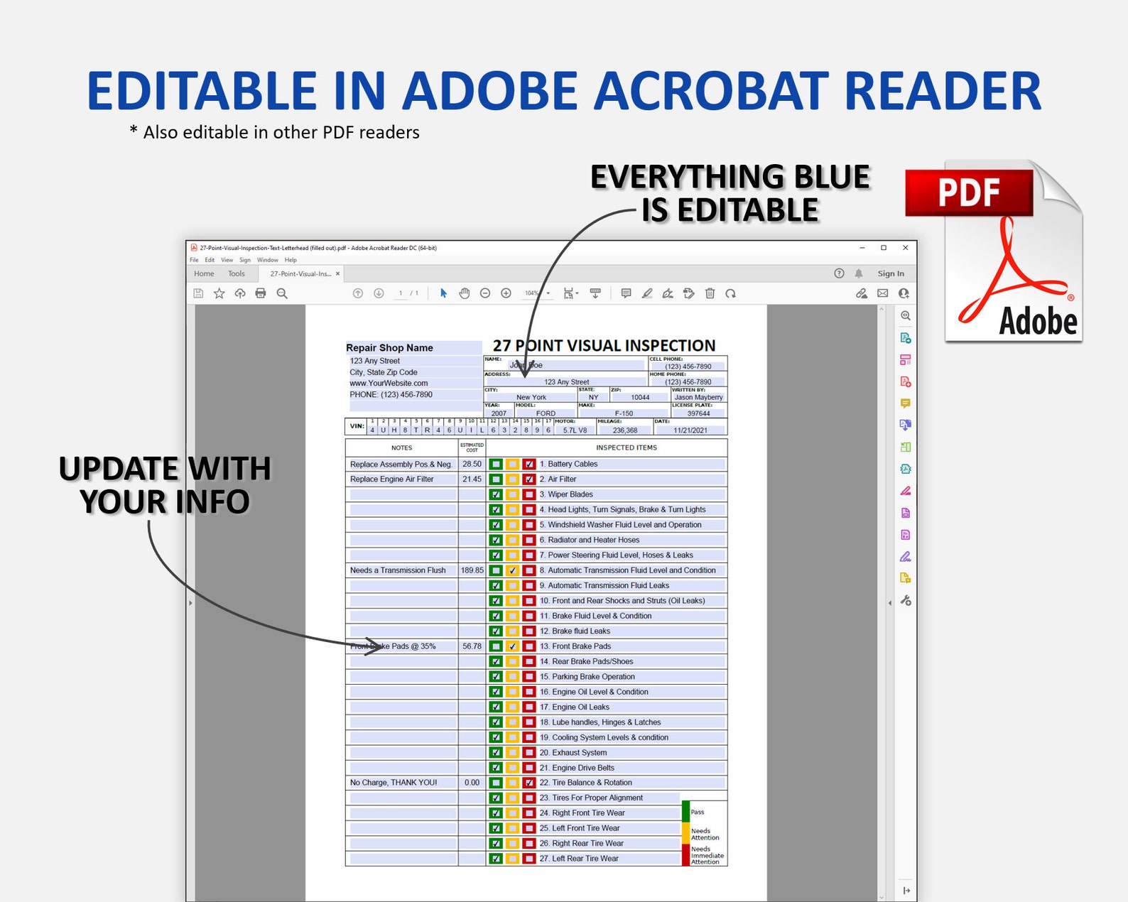 27 Point Visual Vehicle Inspection Form Fillable PDF - Etsy