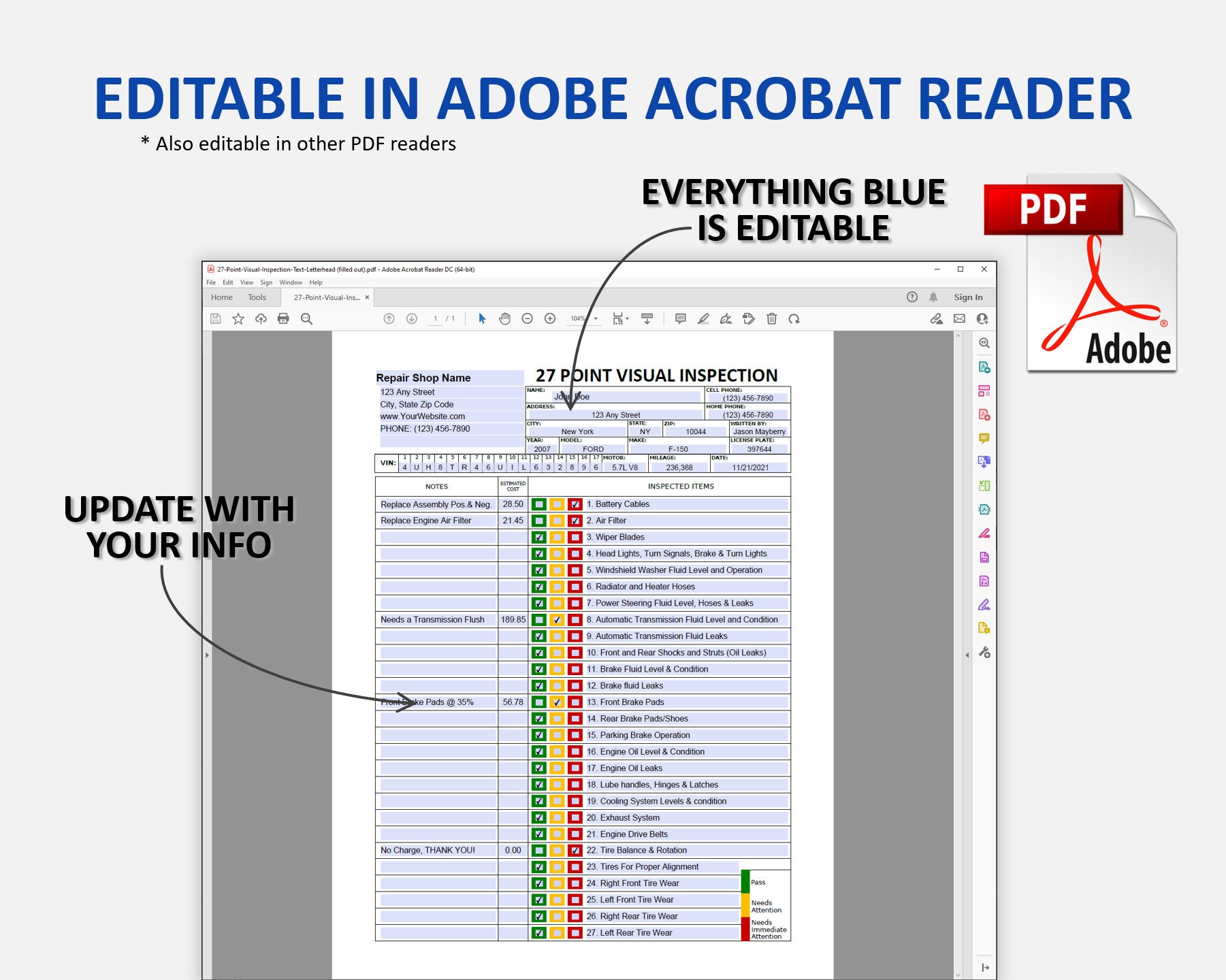 27 Point Visual Vehicle Inspection Form Fillable PDF - Etsy UK