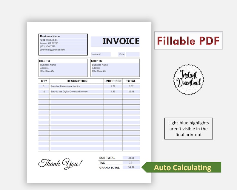 Auto-calculate Form Fields as You Fill Them In, Printable Invoice ...