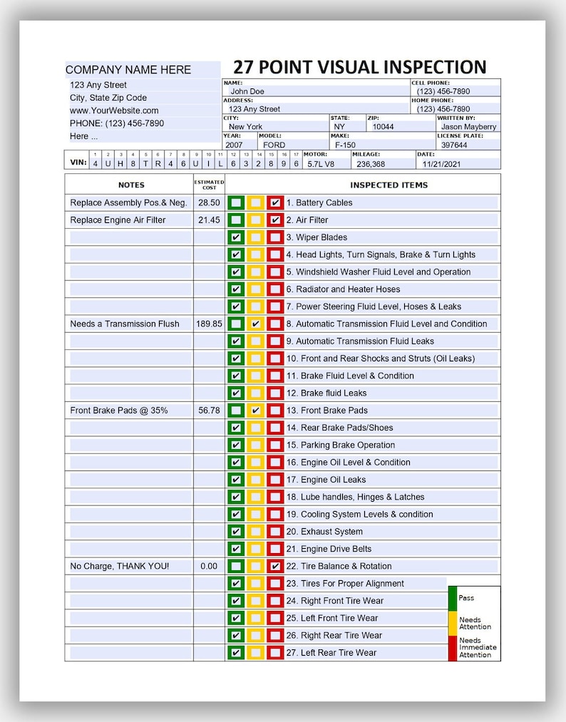 27 Point Visual Vehicle Inspection Form | Fillable PDF Multi-point ...