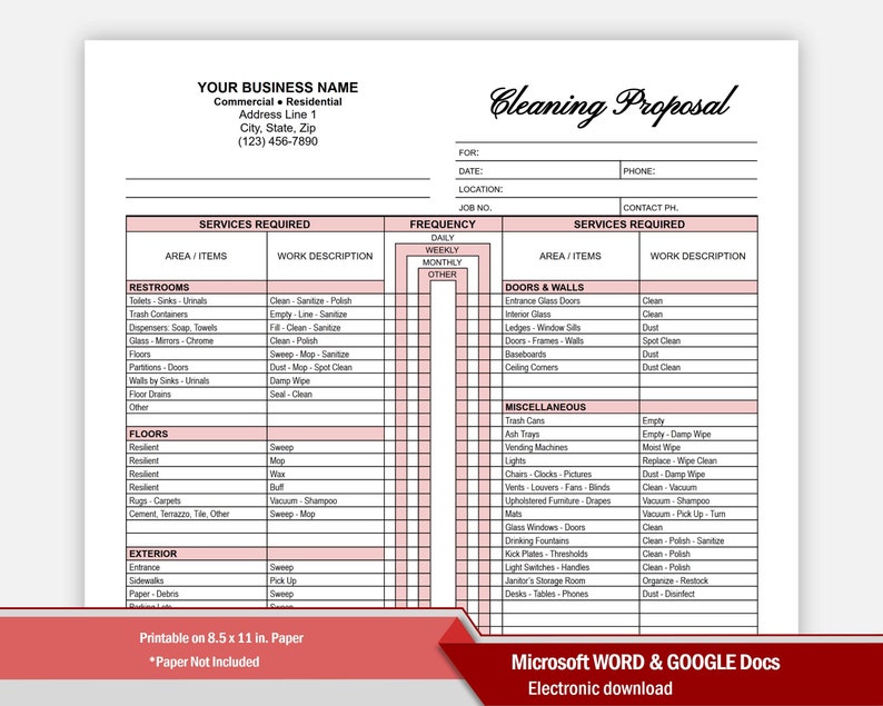 Classy Cleaning Proposal Template WORD, Red, Commercial Cleaning ...