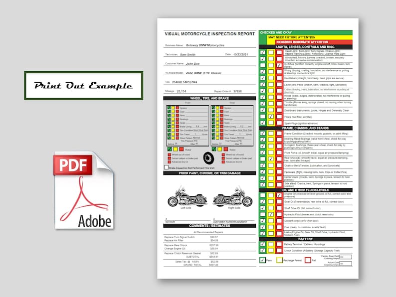 Visual Motorcycle Inspection Report Fillable PDF Multi-point Motorcycle ...